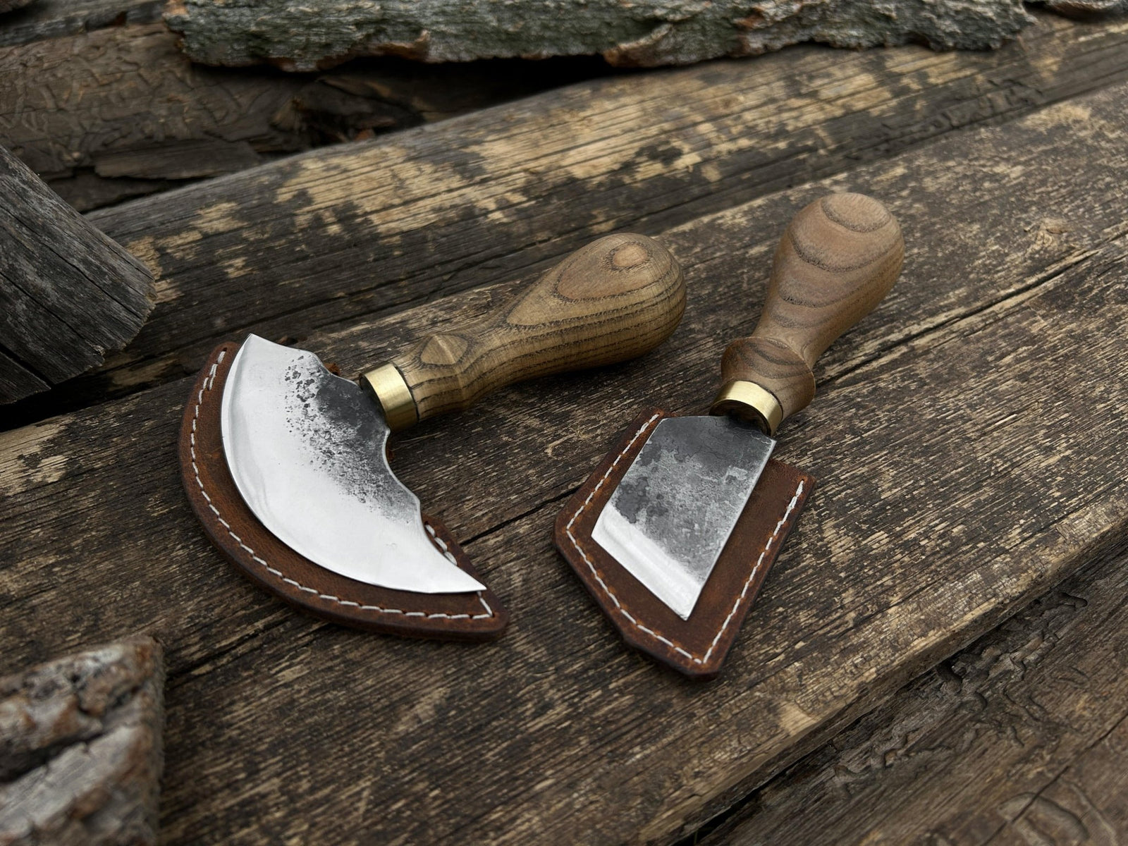 2-Piece Rounded and Angled Leather Knife Set - Sharky Forged Steel Tools