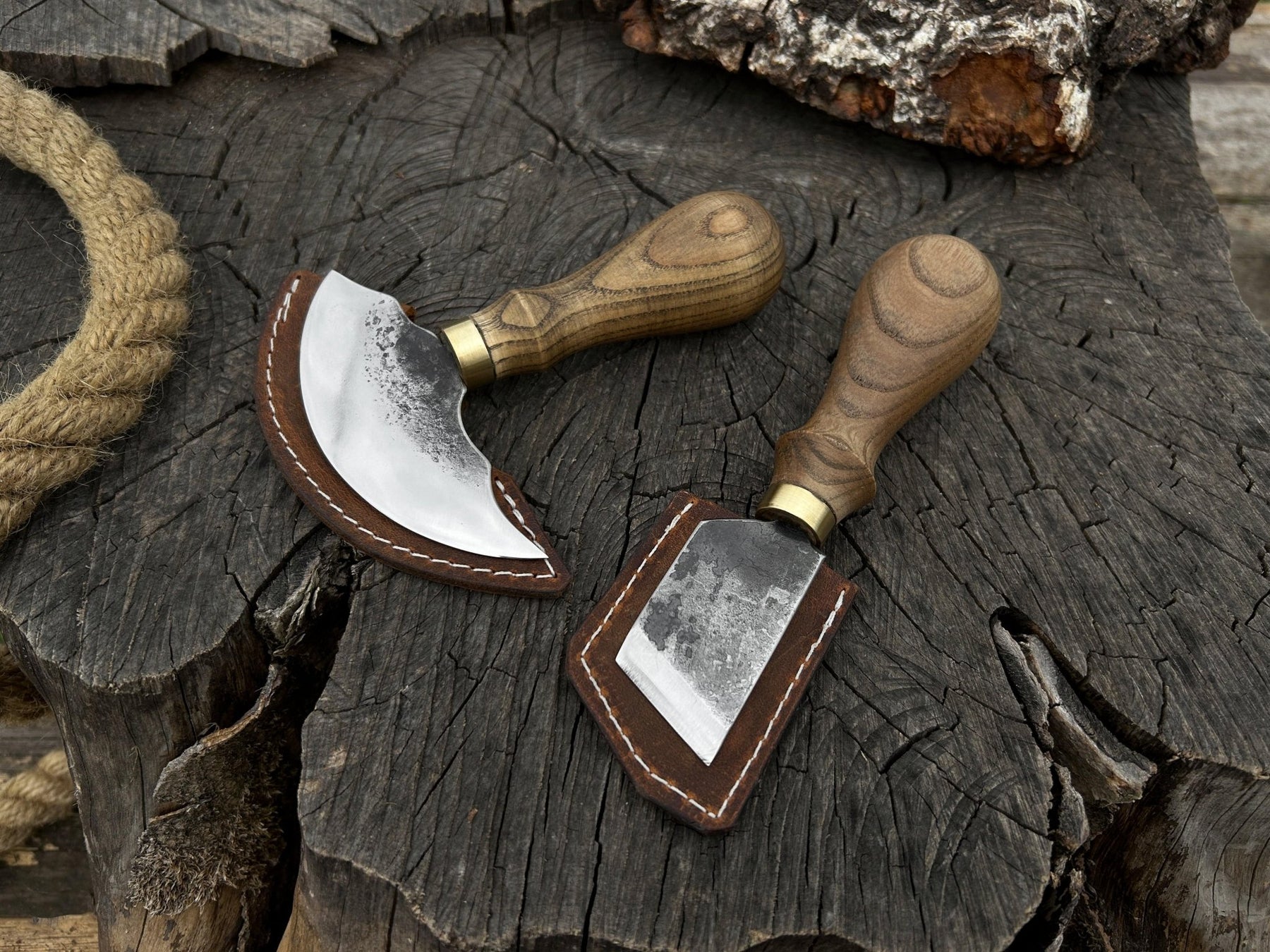 2-Piece Rounded and Angled Leather Knife Set - Sharky Forged Steel Tools