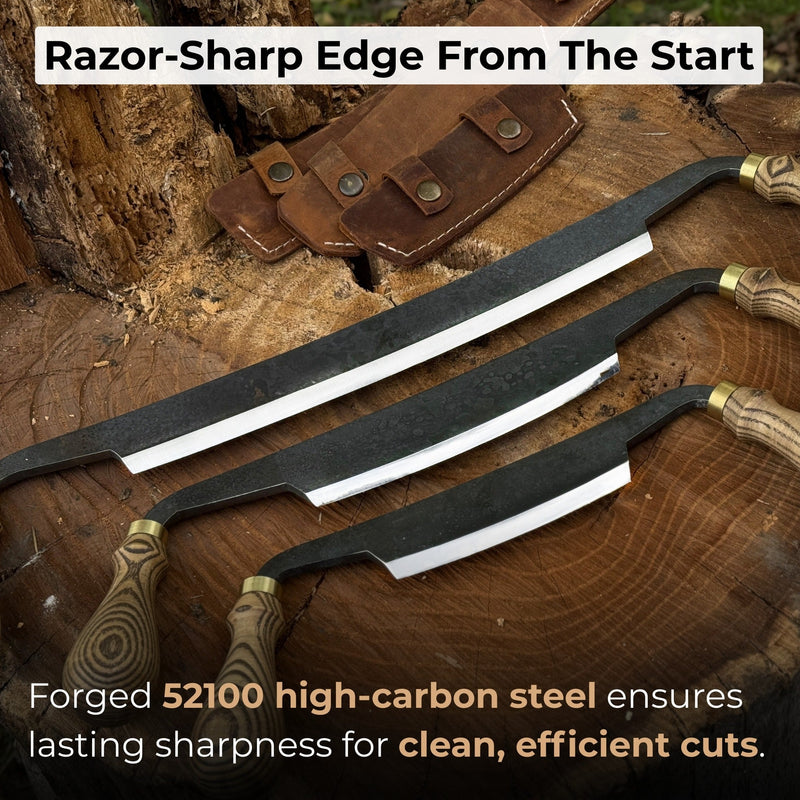 3-Piece Curved Drawknife (Palm Handles) Set - Sharky Forged Steel Tools