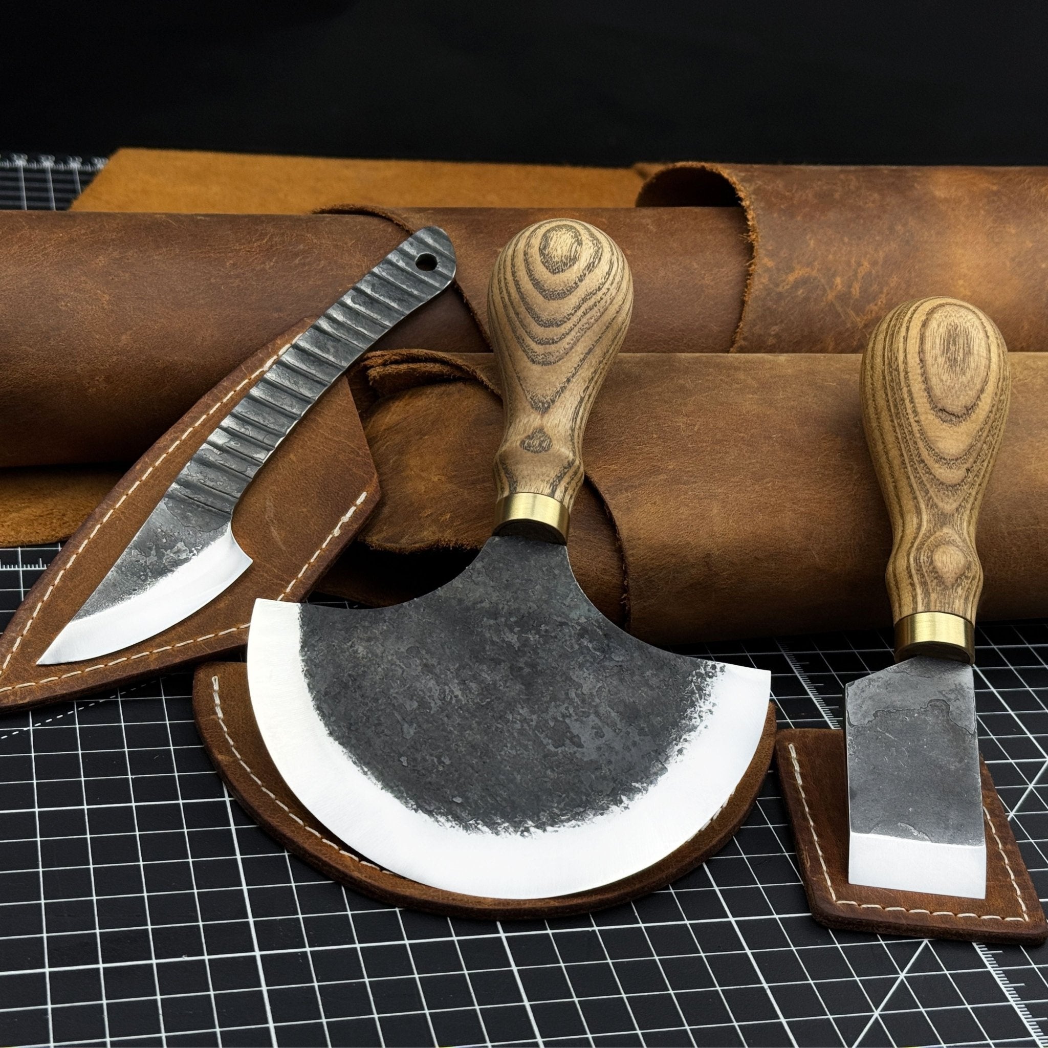 3-Piece Leatherworking Knife Set with Leather Sheaths - Sharky Forged ...