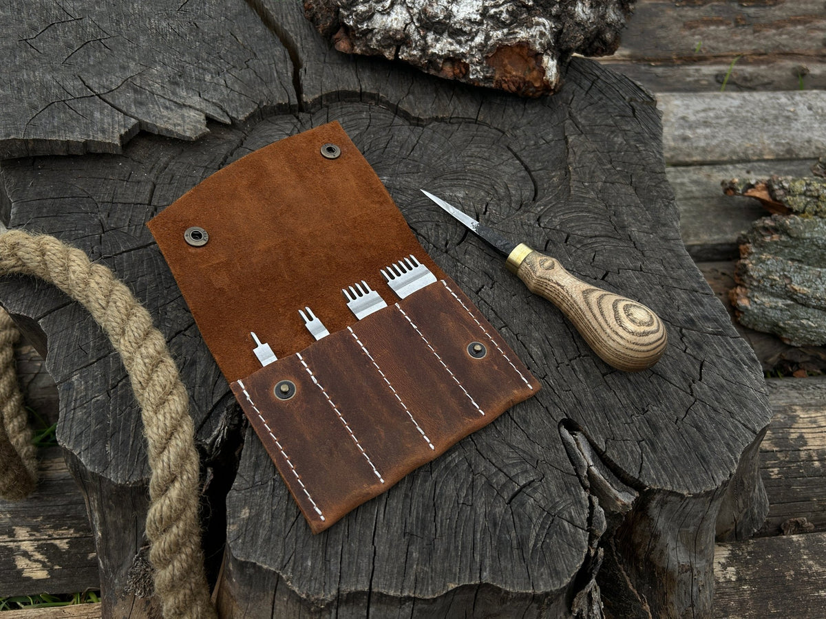 4-Piece Diamond Style Leather Pricking Iron and Hand-Forged Awl ...