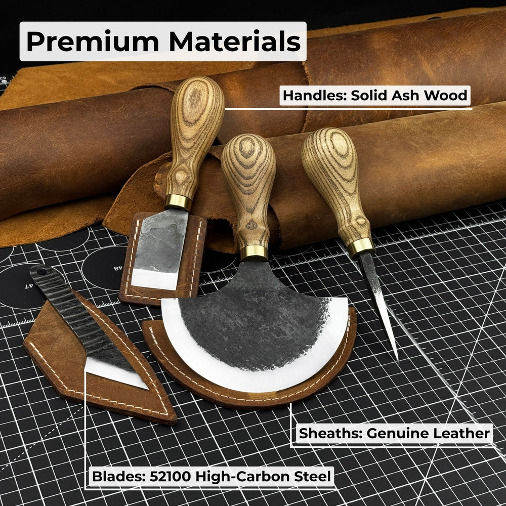 4-Piece Leather Tool Set with Leather Sheaths - Sharky Forged Steel Tools