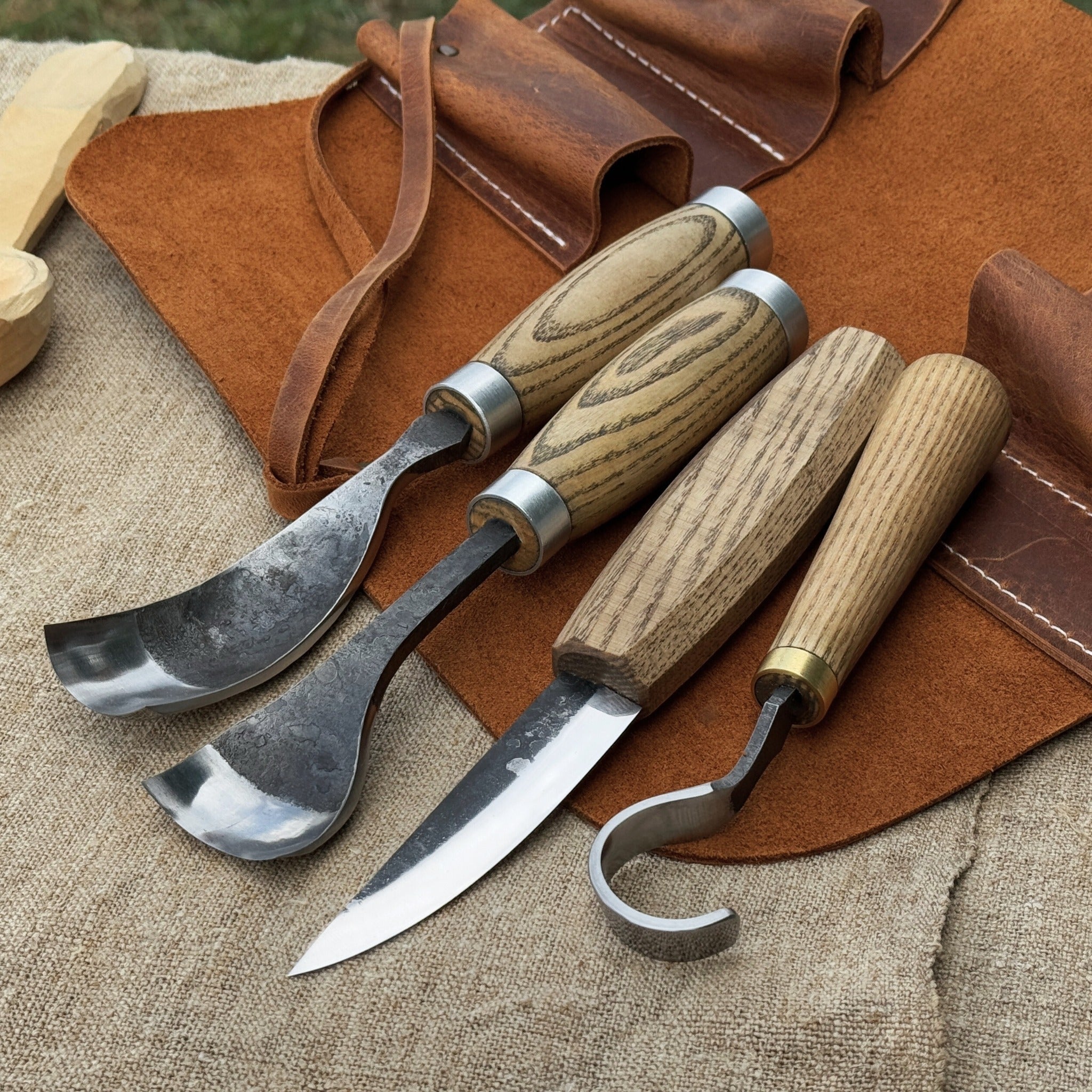 4-Piece Spoon Carving Tool Set with Leather Roll - Sharky Forged Steel ...
