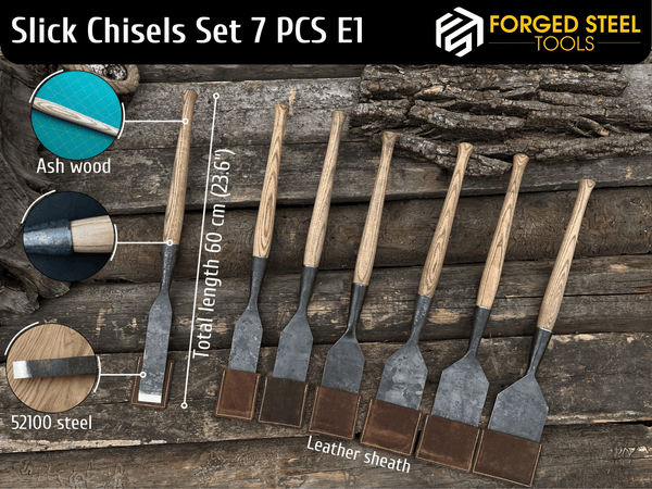 7-Piece Long Timber Framing Chisel Set - Sharky Forged Steel Tools