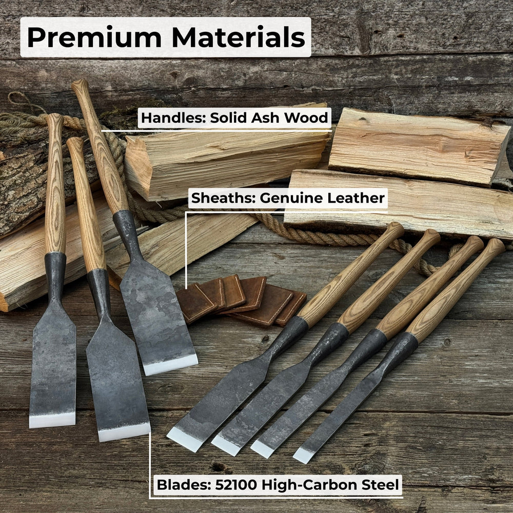 7-Piece Long Timber Framing Chisel Set - Sharky Forged Steel Tools