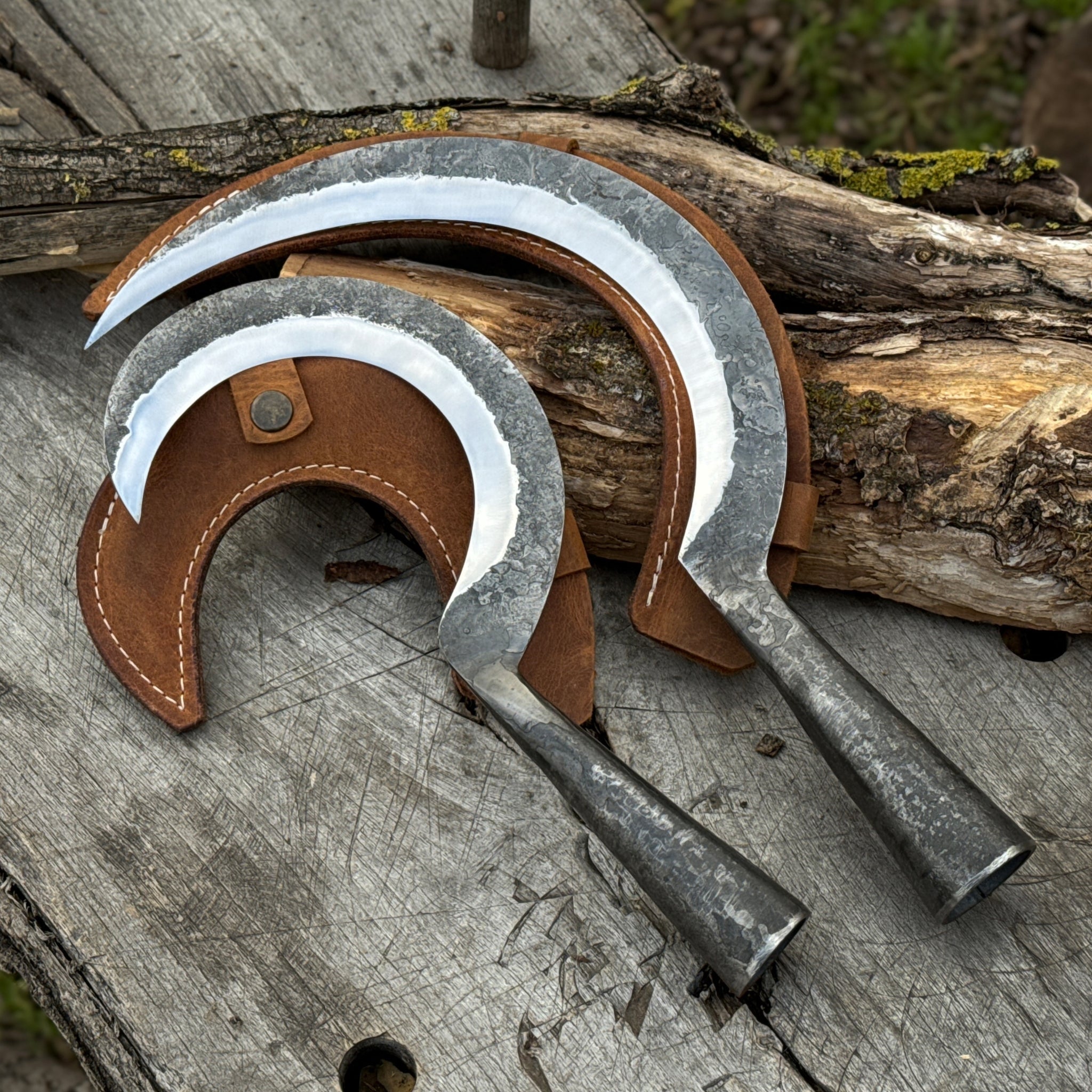 Hand-Forged 2-Piece Garden Sickle Set with Leather Sheaths - Sharky ...