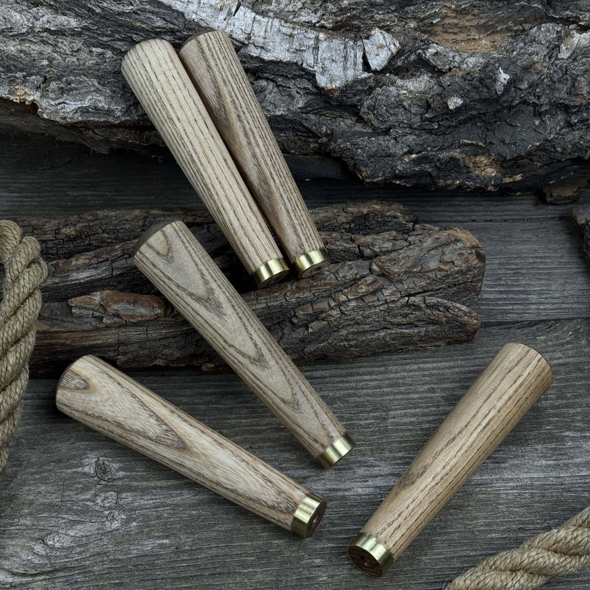 Set of 5 Tapered Ash Wood Handles with Brass Rings - Sharky Forged ...
