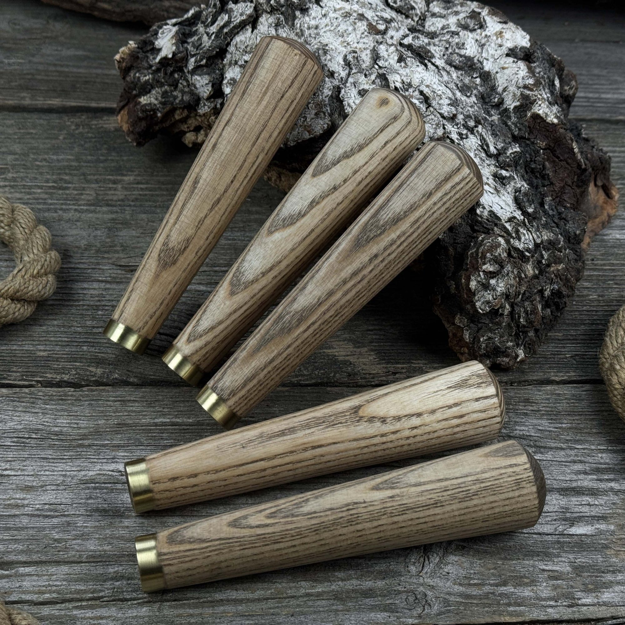 Set of 5 Tapered Ash Wood Handles with Brass Rings - Sharky Forged ...